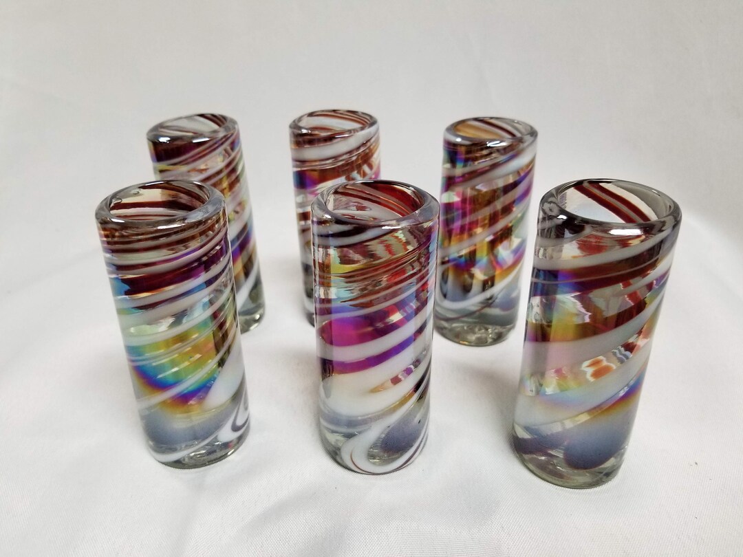 6 Hand Blown Shot Glass - Red/white Iridescent Swirl - Etsy