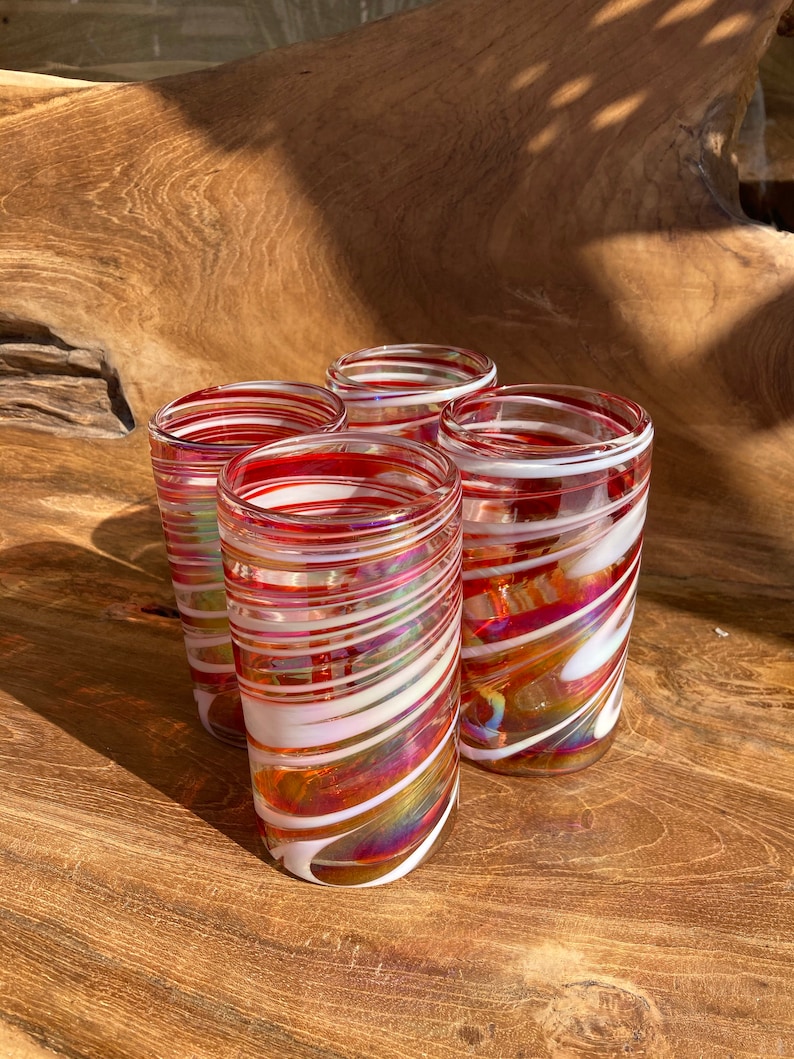 4 Hand Blown Water Glass - Red/white Iridescent Swirl - Etsy