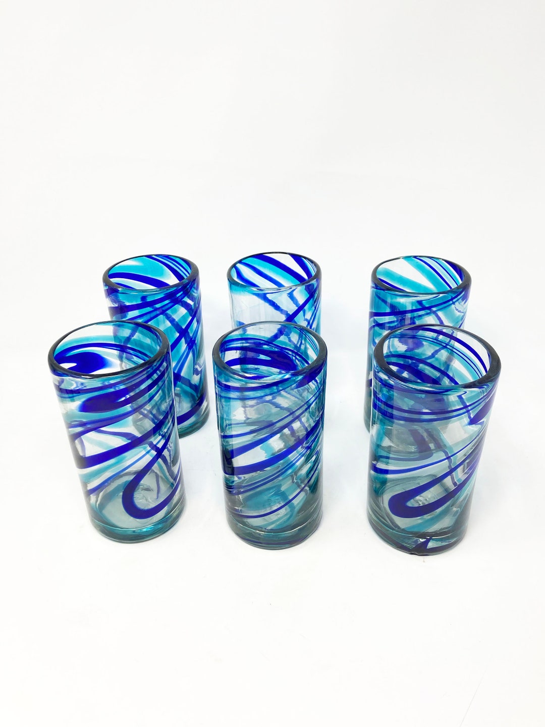 6 Hand Blown Water Glasses - Turquoise/blue Swirl - Etsy