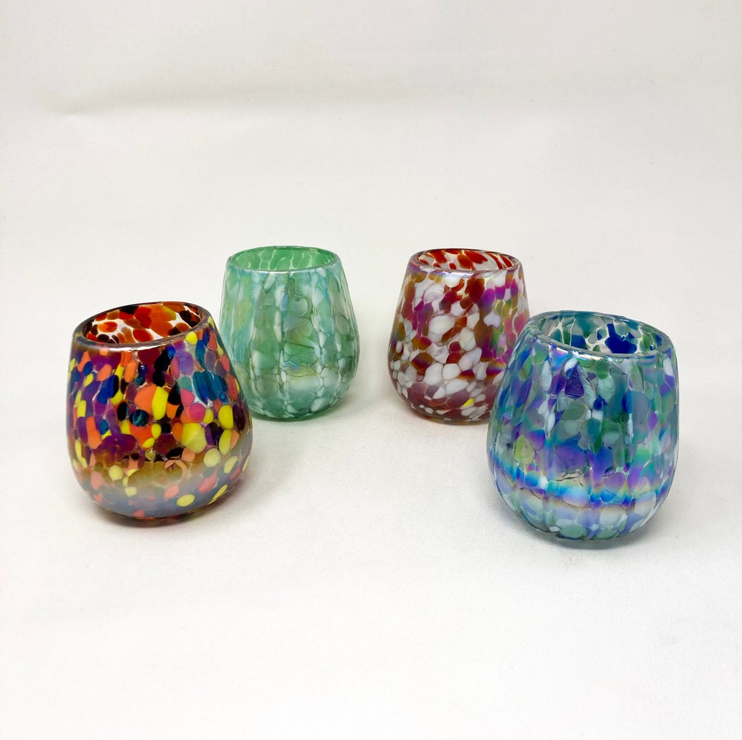 4 Hand Blown Stemless Wine Glasses The Iridescent Collection Etsy