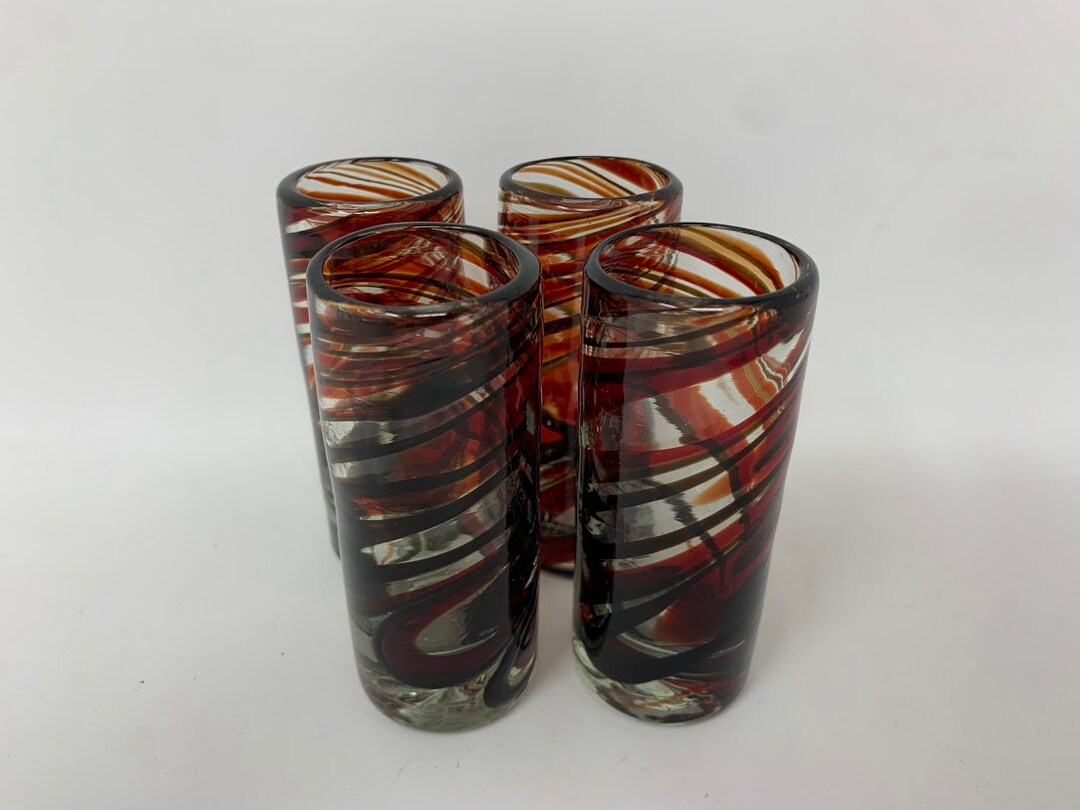 4 Hand Blown Shot Glasses - Red/chocolate Swirl - Etsy