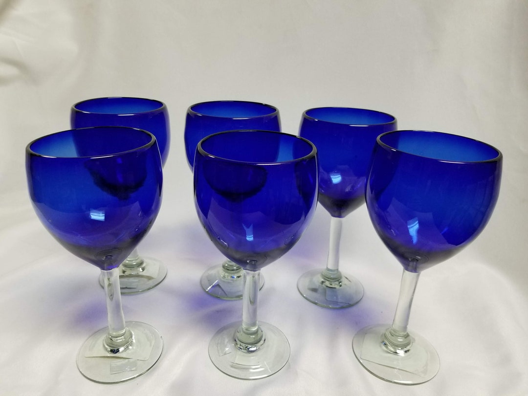 6 Hand Blown Wine Glasses Cobalt Blue Etsy