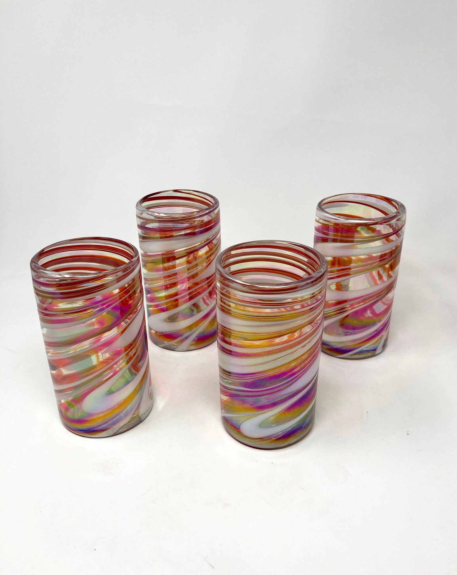 4 Hand Blown Water Glass - Red/white Iridescent Swirl - Etsy
