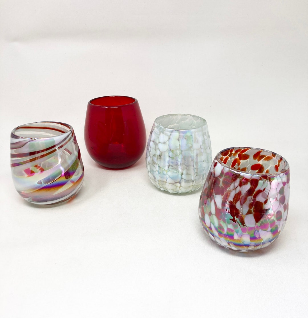 4 Hand Blown Stemless Wine Glasses Holiday Red Etsy