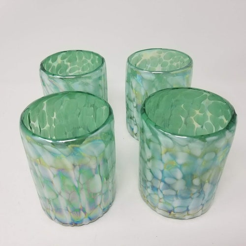 4 Hand Blown Water Glasses Aegean Blue Iridescent Etsy