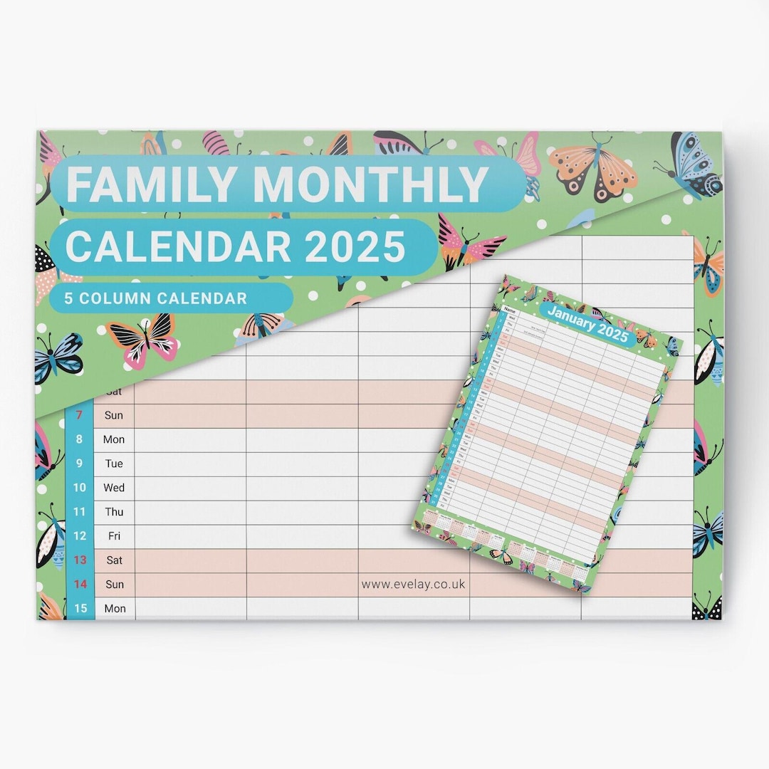 2025 A3 Month to View Family Home Planner 5 Column Wall All Family ...