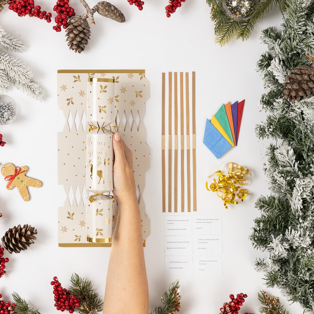 Make Your Own Christmas Cracker Kit Crackers Hats Snaps Gold Reindeer ...