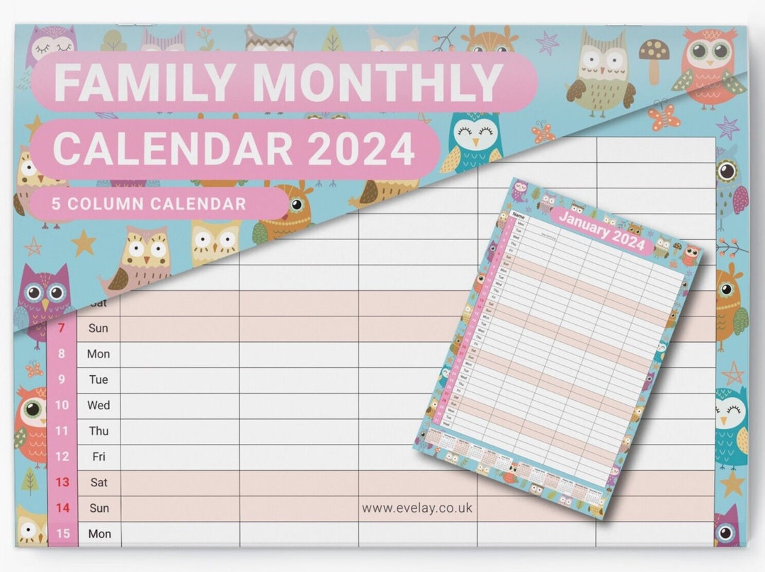 2024 Calendar Wall Monthly Planner Staff Rota Family Organiser Owls ...