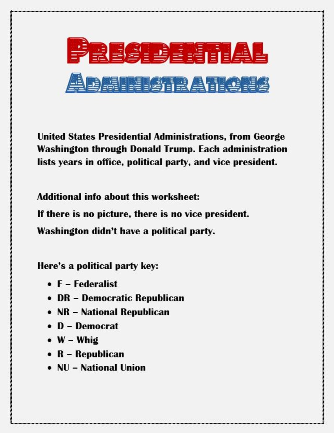 Printable U.S. Presidents and Vice Presidents Chart - Historical ...