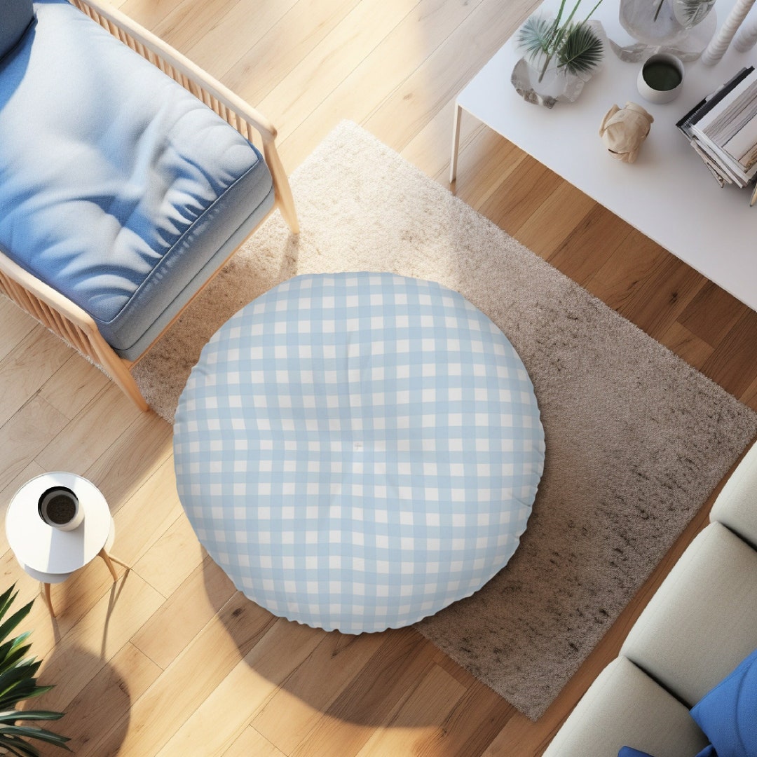 Light Blue Gingham Plaid 30x30" Floor Pillow Cushion in Round or Square ...