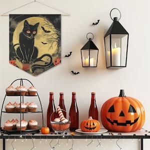 Vintage Style Halloween Black Cat Full Moon Pennant, Spooky Wall ...