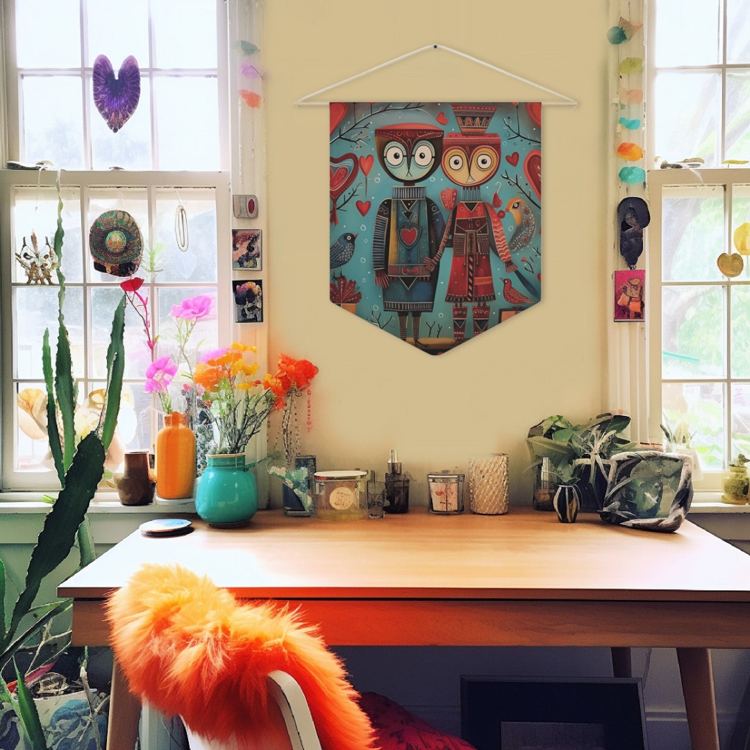 OWL COUPLE TURQUOISE Folk Art Primitive Abstract Pennant Flag Wall ...