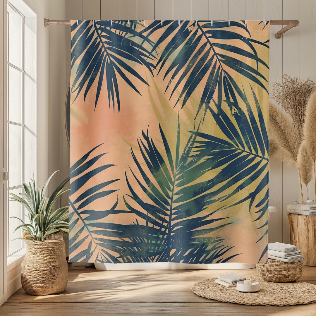 Palm Leaves Curtain Bath Mat - Palm Tree Tropical Botanical Distressed ...