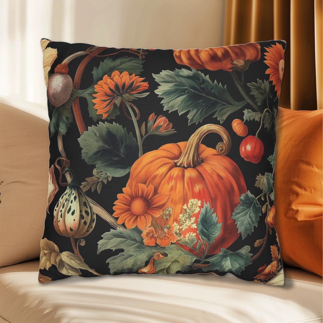 Fall Pillow Autumn Pumpkin Botanical Black Harvest, Fall Home Décor ...