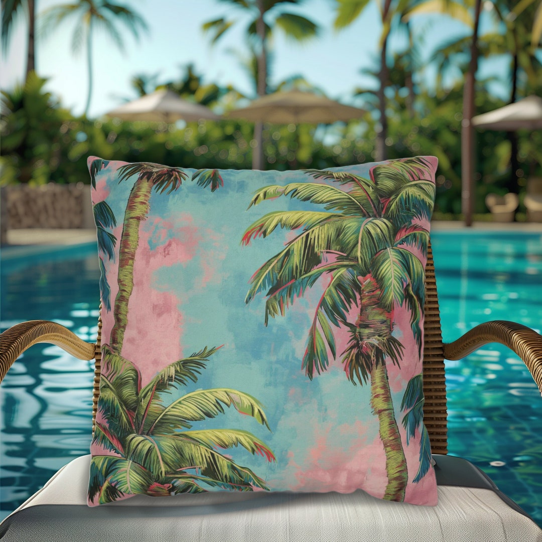 Pink & Turquoise Palm Trees Throw Pillow, Summer Pillows, Waterproof ...