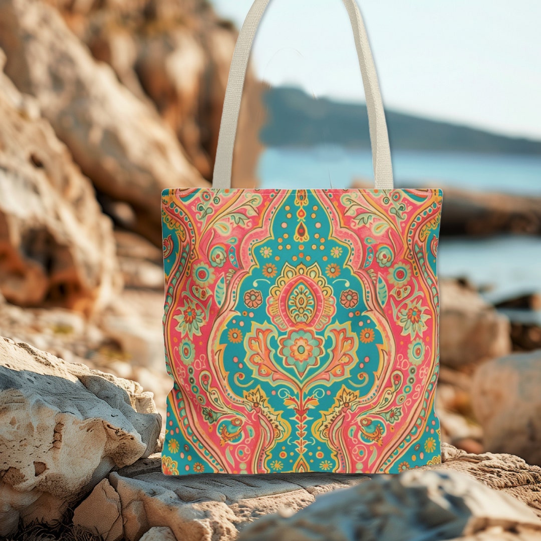 Boho Tote Bag Pink Turquoise Henna Mandala Pattern in 3 Sizes & 3 ...