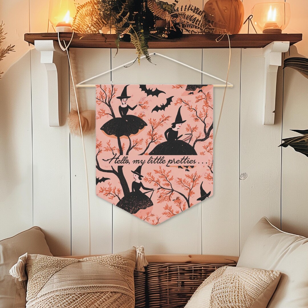 Pink Halloween Witches 'hello My Little Pretties' Wall Hanging Pennant ...