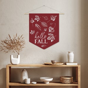 Hello Fall Pennant Flag in Maroon Orange or Forest Green With Wooden ...