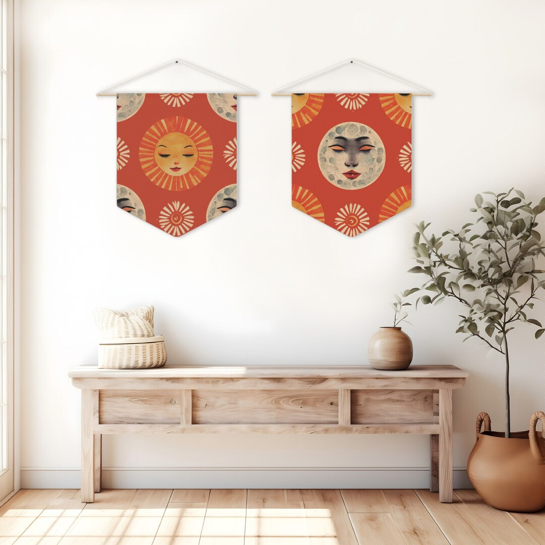 Sun & Moon Orange Boho Pennant Flag Wall Hangings Set Ready to Hang ...