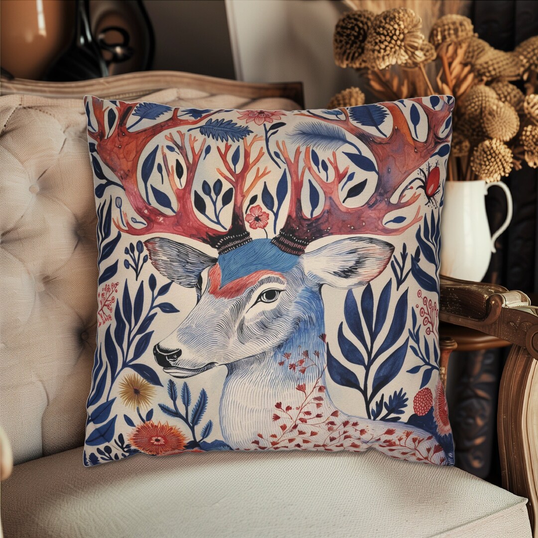 Deer Folk Art Throw Pillow : Cottagecore Artsy Blue Red White - Indoor ...