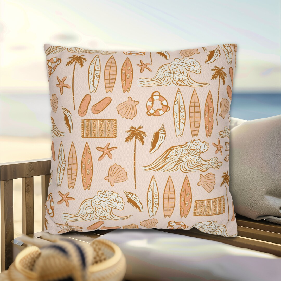 SUMMER BEACH PATTERN Square Throw Pillow With Surfboards Waves Palm ...