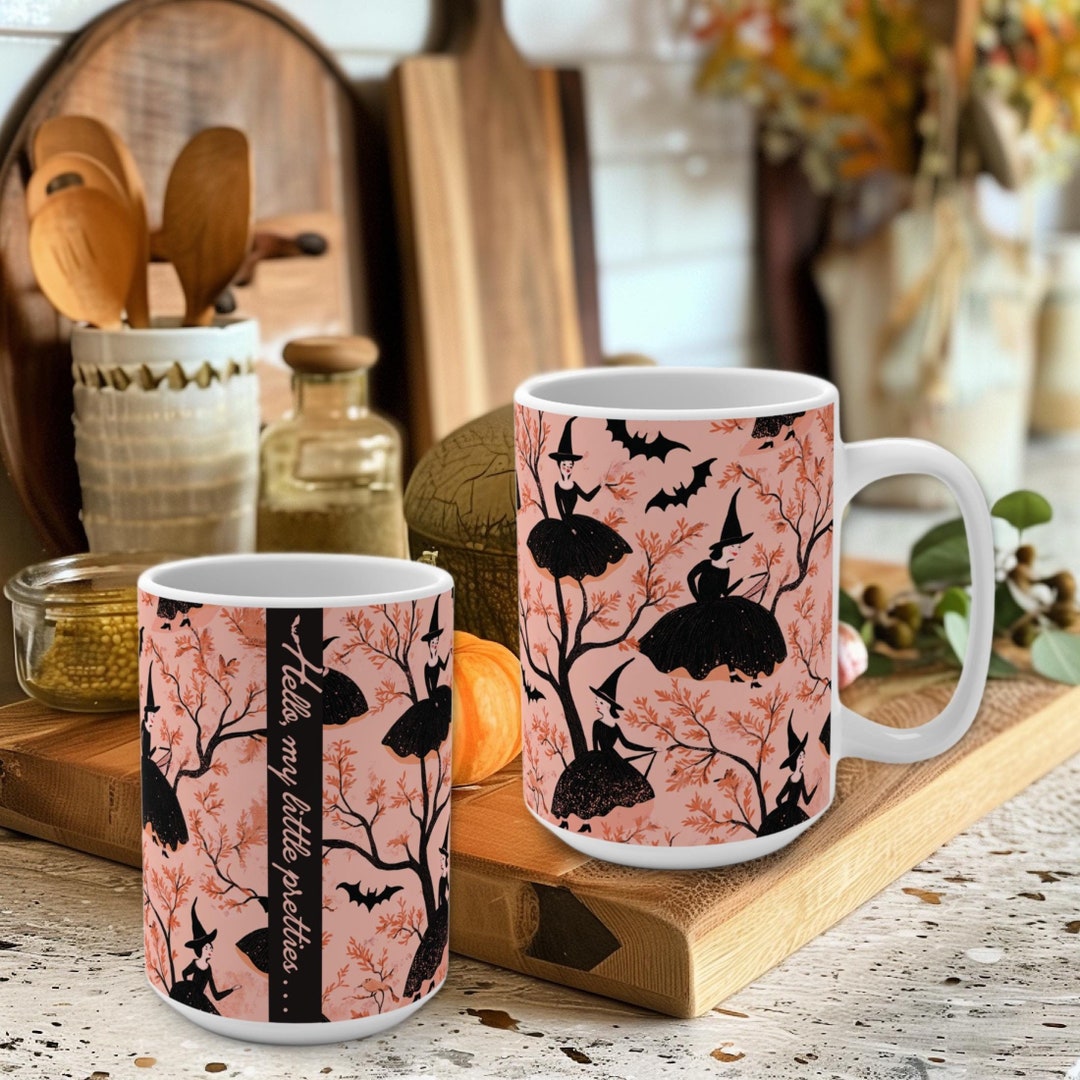 Halloween Witch Mug Pink 'hello My Little Pretties' Bats Trees in 2 ...