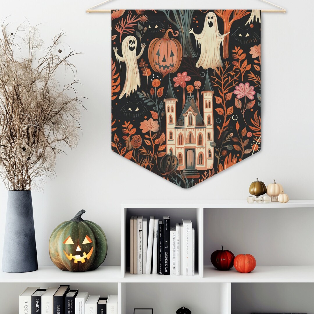 Halloween Wall Hanging Castle Ghosts Floral Pennant Flag With Wooden ...
