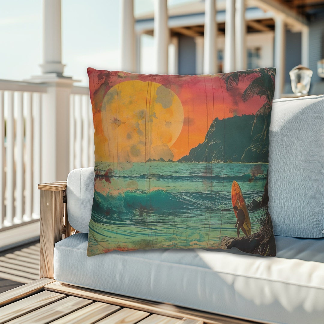 VINTAGE TROPICAL SUNSET Surfer Throw Pillow, Waterproof Outdoor Pillow ...