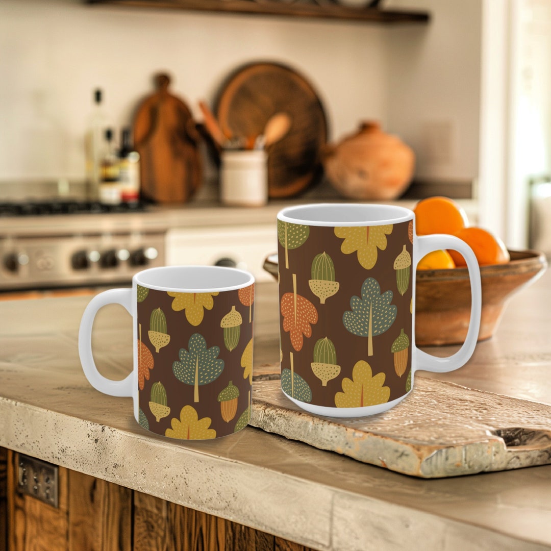 Fall Pattern Mug Brown Acorns & Leaves in 2 Sizes, Autumn Coffee Cup ...