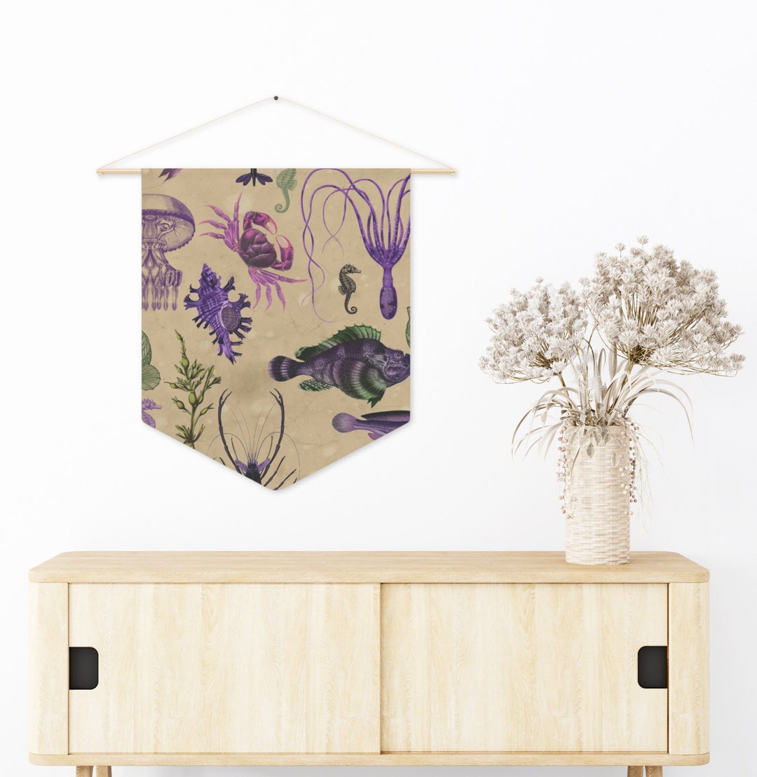 Vintage Sea Creatures Purple and Beige Coastal Wall Art - Hanging ...