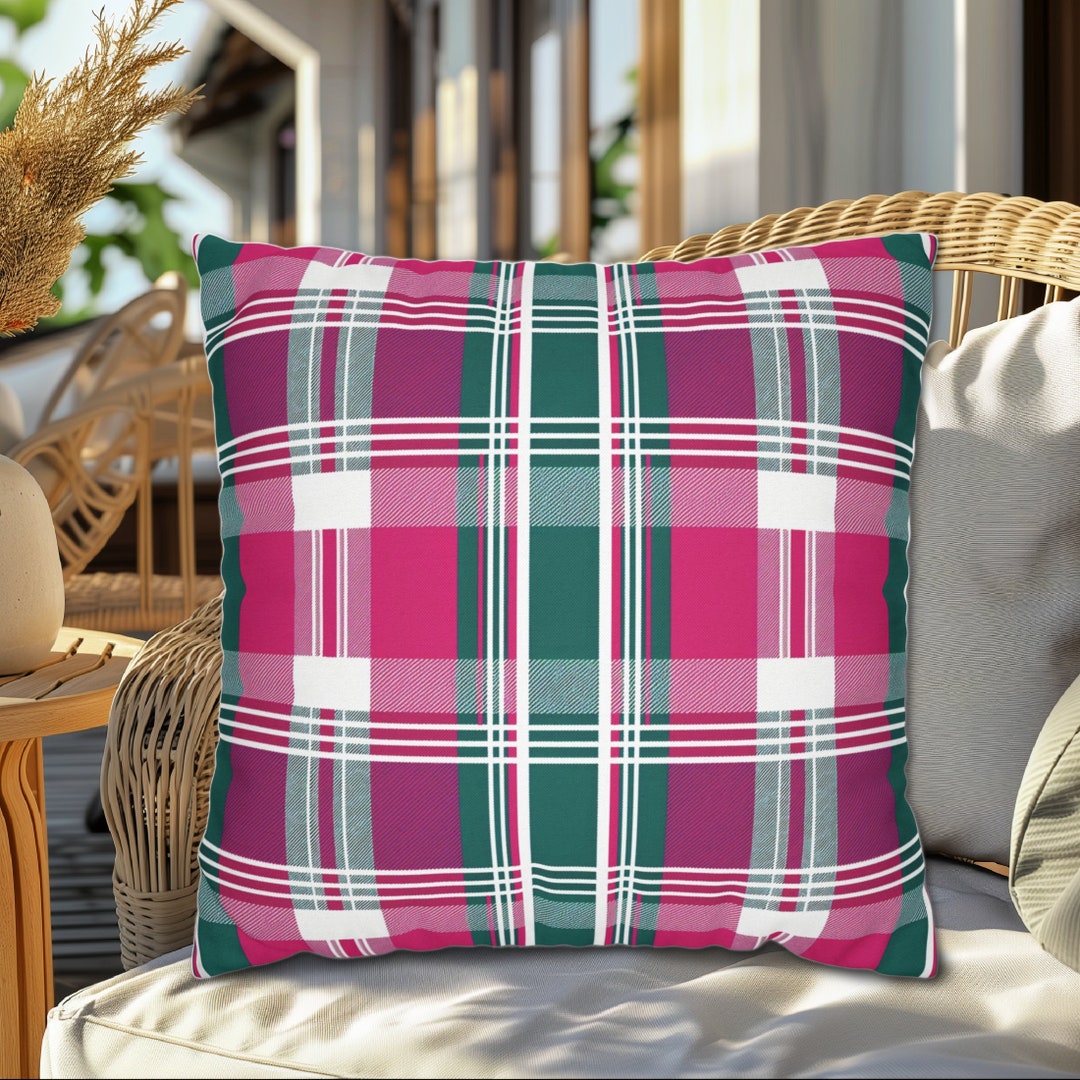 HOT PINK & TEAL Green Plaid Bright Throw Pillow, Summer Plaid Decor ...