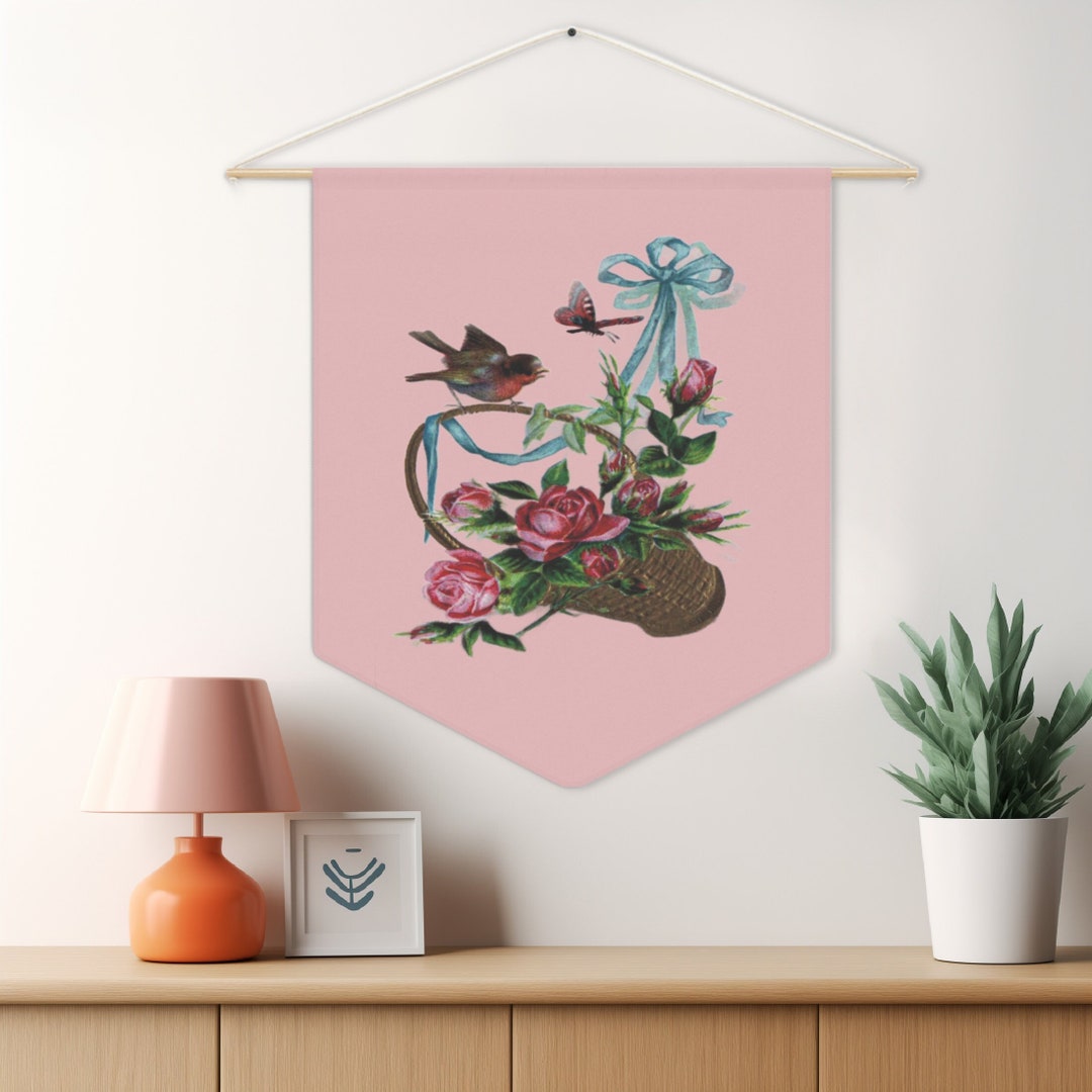 Vintage Valentines Day Artwork Pink Bird Basket Rose Pennant Flag ...