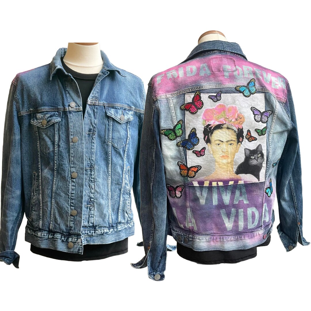 FRIDA FOREVER Viva La Vida Hand Painted Embellished Denim Jean Jacket ...