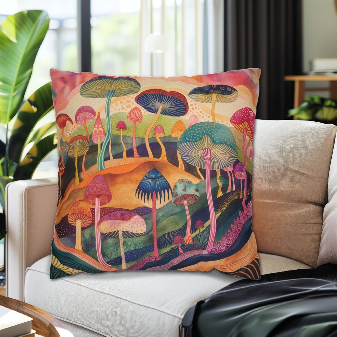 Mushroom Colorful Forest Boho Throw Pillow, Bohemian Decor, Mushroom ...
