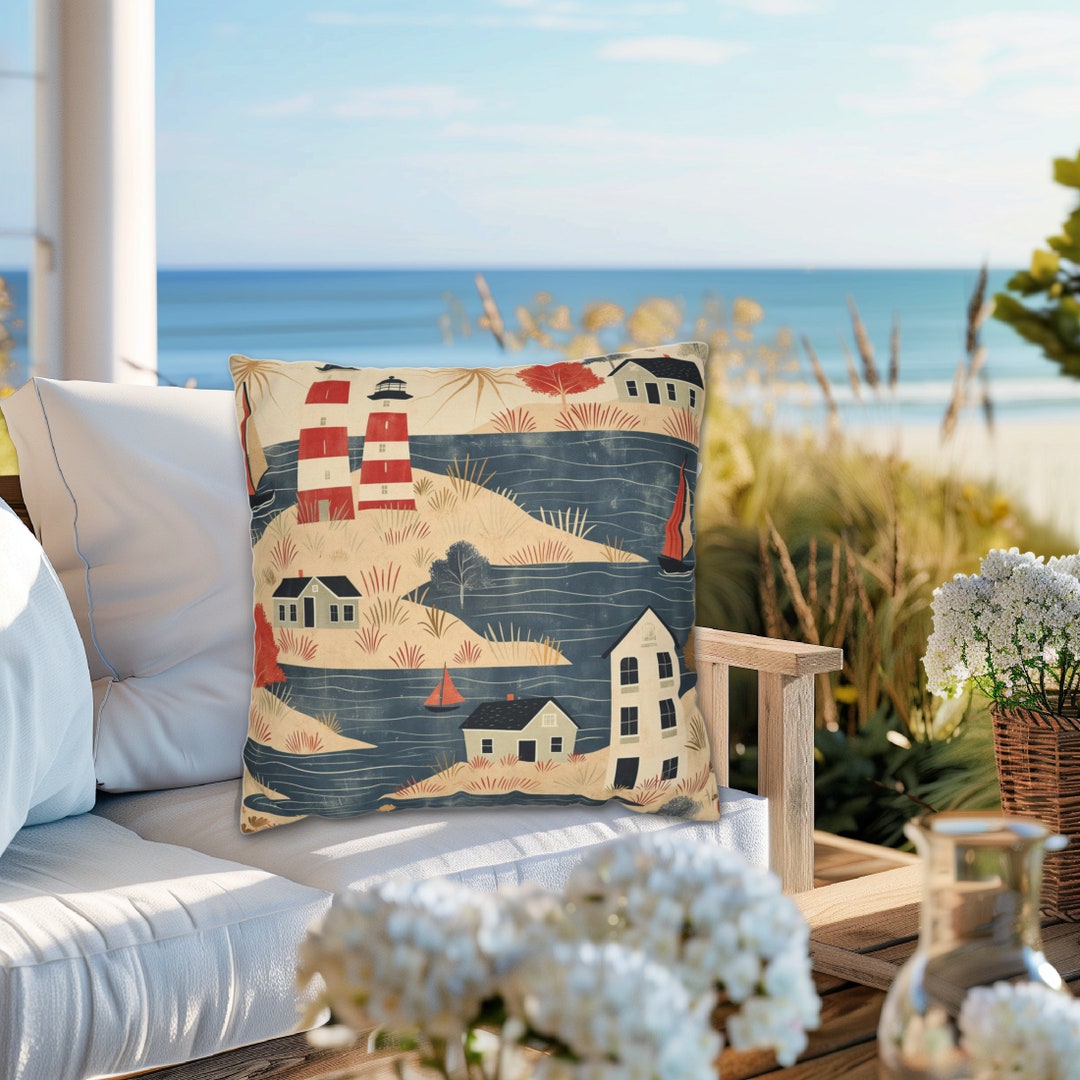Lighthouse Americana Style Throw Pillow, Waterproof Outdoor Pillow ...