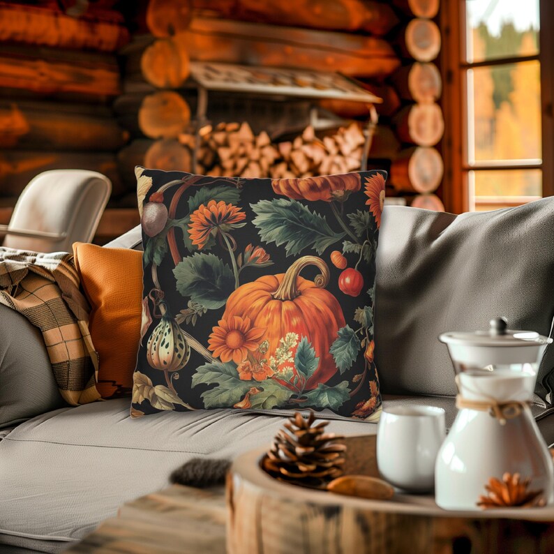 Fall Pillow Autumn Pumpkin Botanical Black Harvest, Fall Home Décor ...