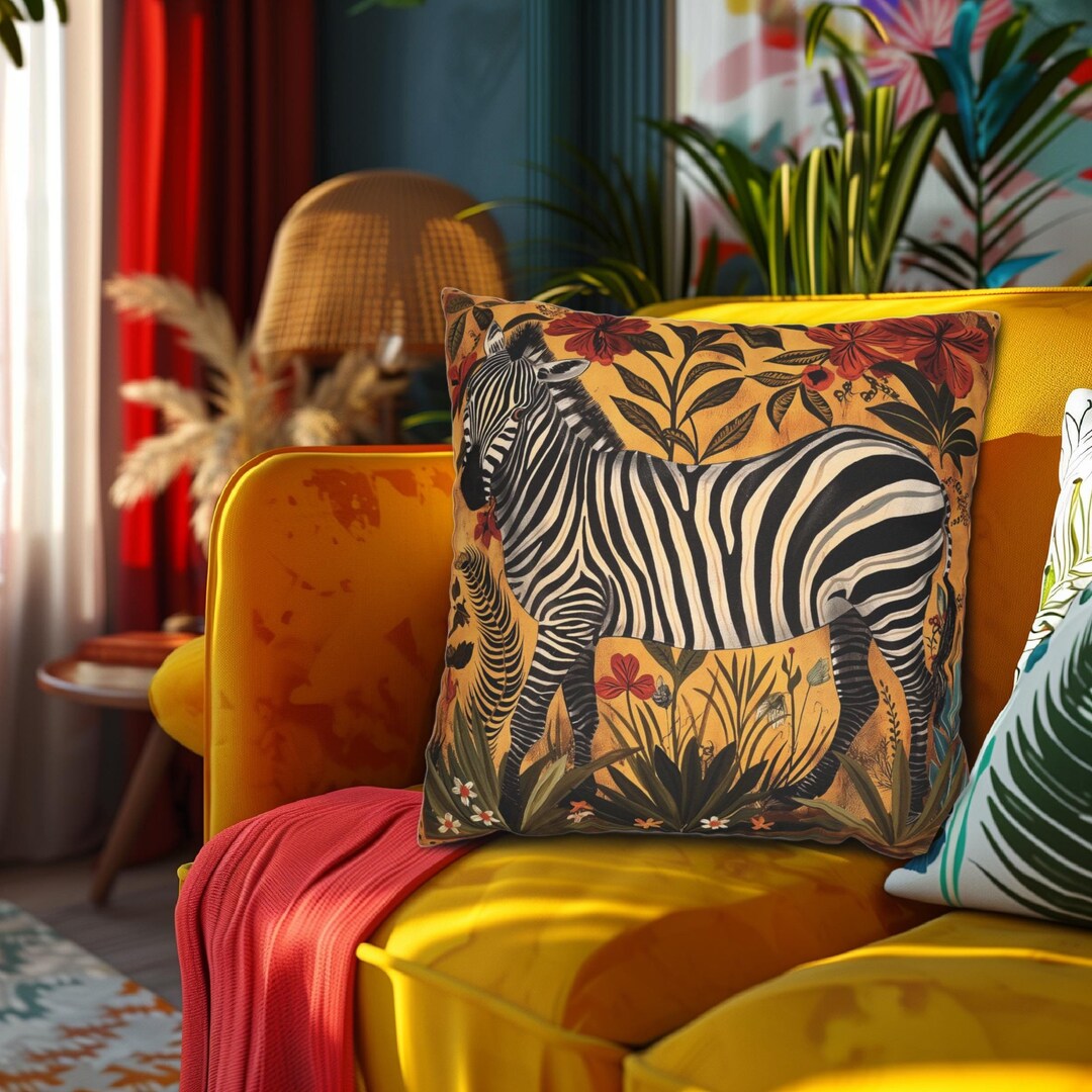 Zebra Throw Pillow - Yellow Art Nouveau Boho Floral Colorful, Zebra ...