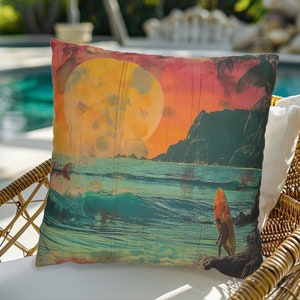 Vintage Tropical Sunset Surfer Throw Pillow, Summer Outdoor Pillow ...