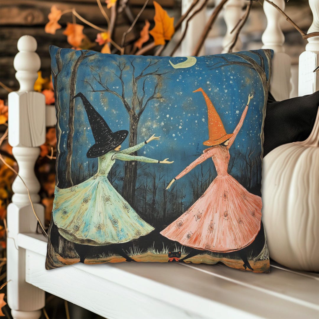 Halloween Folk Art Witches Pastel Whimsical Throw Pillow, Pastel ...