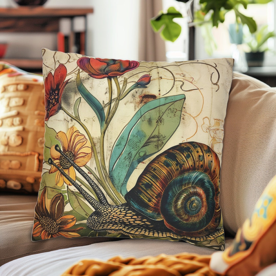 Snail Botanical Floral Art Nouveau Style Throw Pillow, Snail Home Decor ...