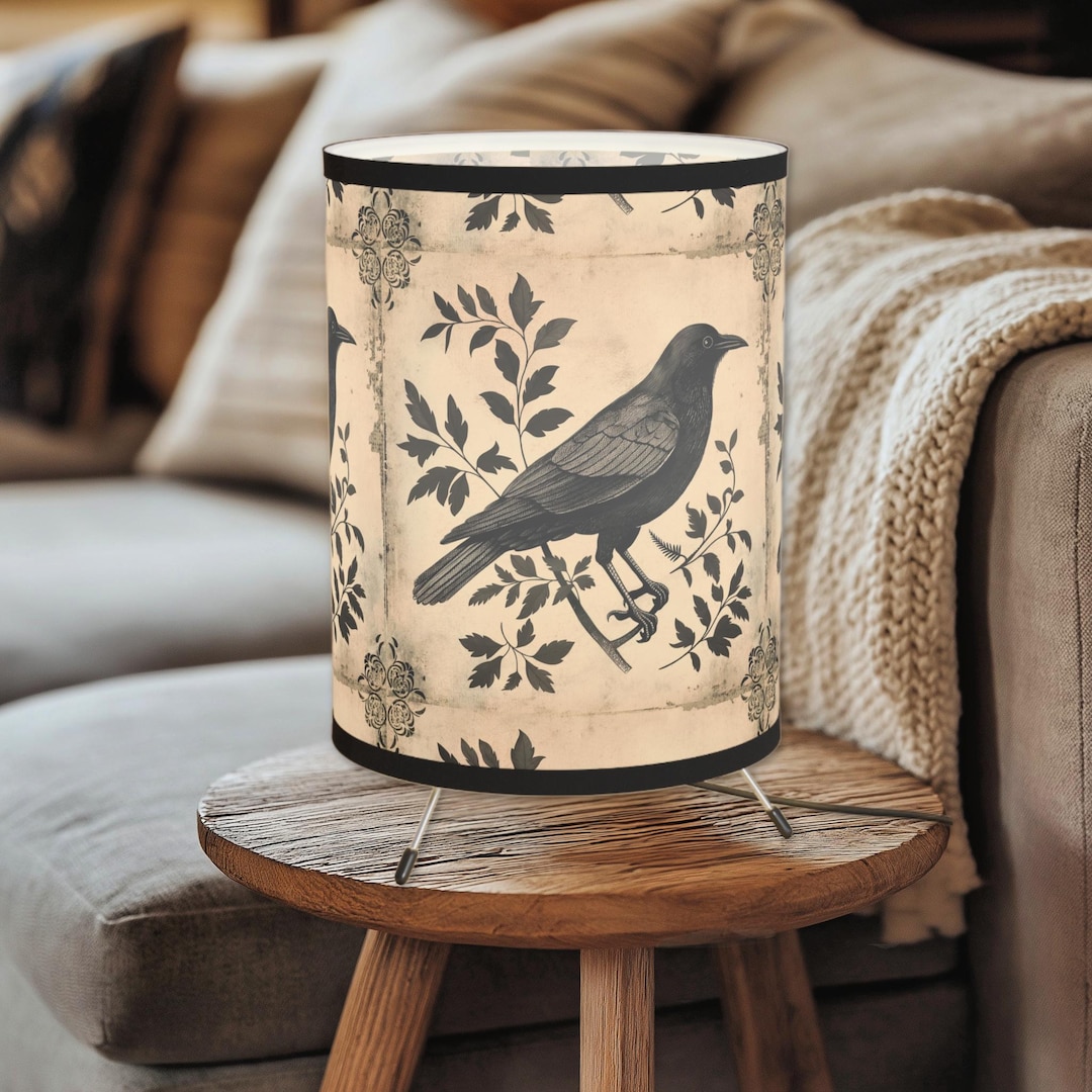 Crow Round Tripod Table Lamp Bedside Botanical Whimsigothic, Bird Home ...