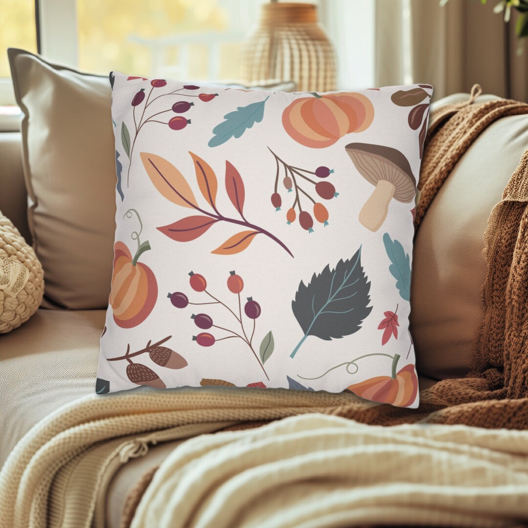 Fall Pillow Autumn Leaves Pillow Pumpkins Mushrooms, Fall Home Décor ...