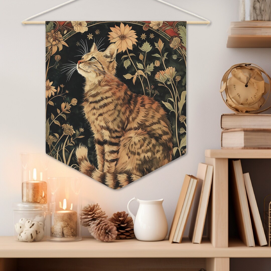 Tabby Cat Floral Pennant Flag Wall Hanging, Cat Wall Art, Cat Home ...