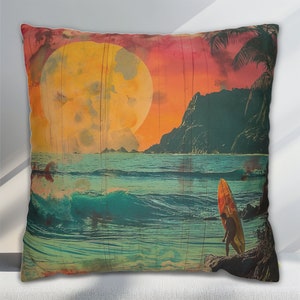 VINTAGE TROPICAL SUNSET Surfer Throw Pillow, Waterproof Outdoor Pillow ...