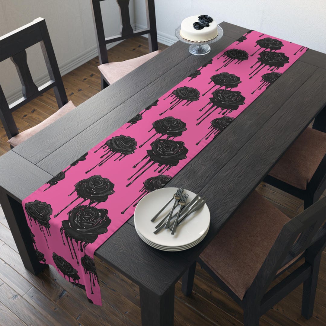 Hot Pink Black Dripping Rose Halloween Gothic Table Runner, Whimsigothic Decor, Halloween Table ...