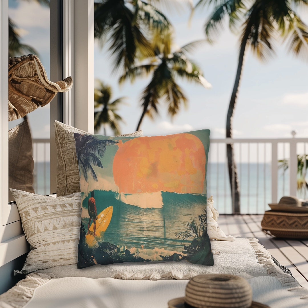 Pillowcase, Surfing Beach Decor, Vintage Surfer, Wave and Sun Design ...