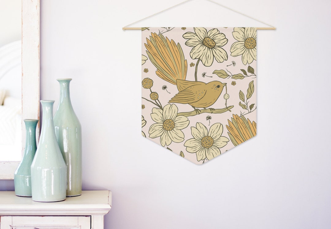 Boho Bird & Floral Wall Hanging - Botanical Earth Tone Pennant Flag ...