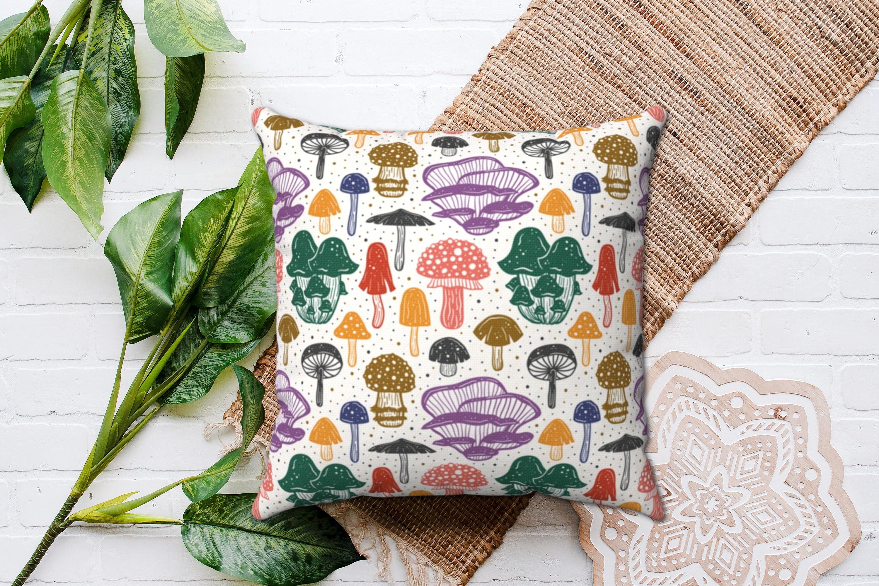 Mushroom Colorful Pattern Throw Pillow, Mushroom Home Decor, Mushroom ...