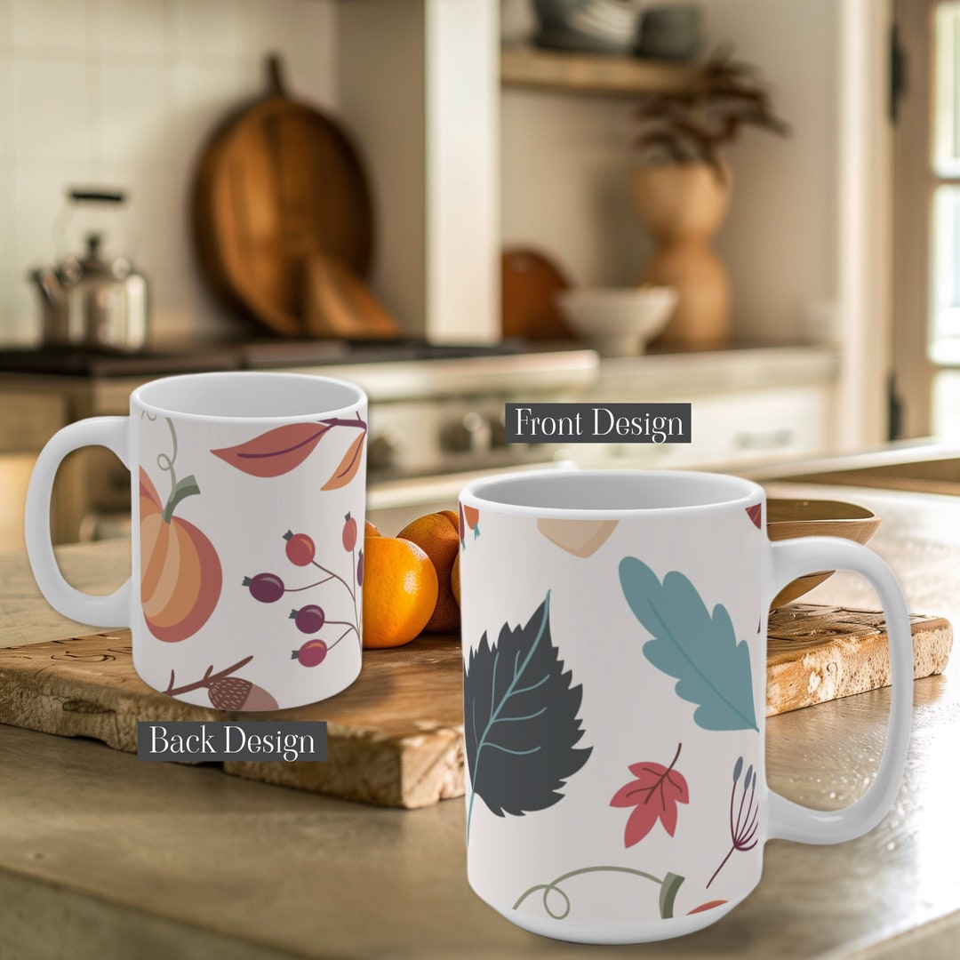 Fall Leaves & Pumpkin Ceramic Mug in 2 Sizes, Autumn Coffee Cups, Fall ...