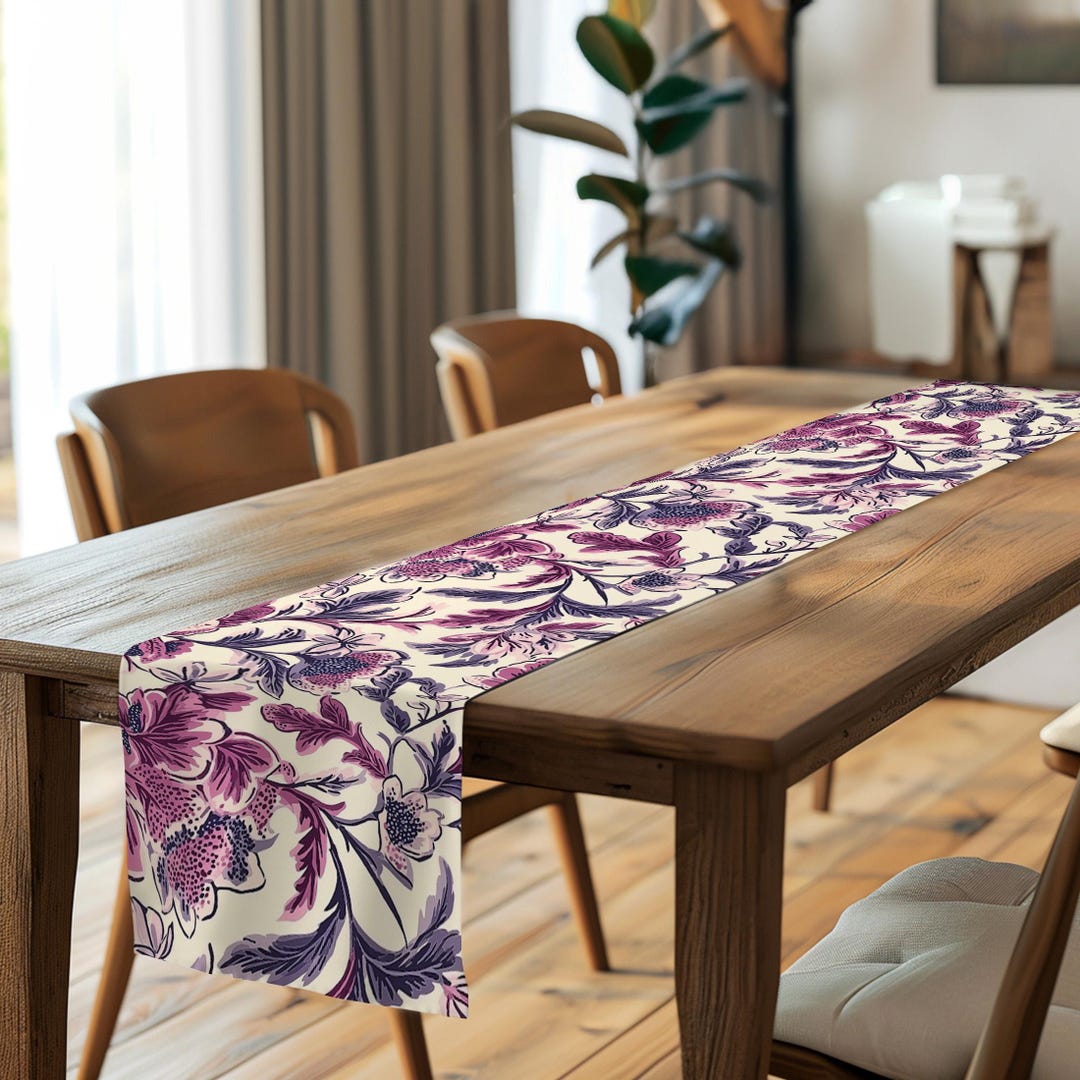 Purple Folk Art Floral Botanical Batik Style Table Runner, Boho Dining ...